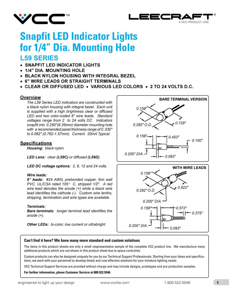VCC L59 Series LED indicator product documentation, page 1