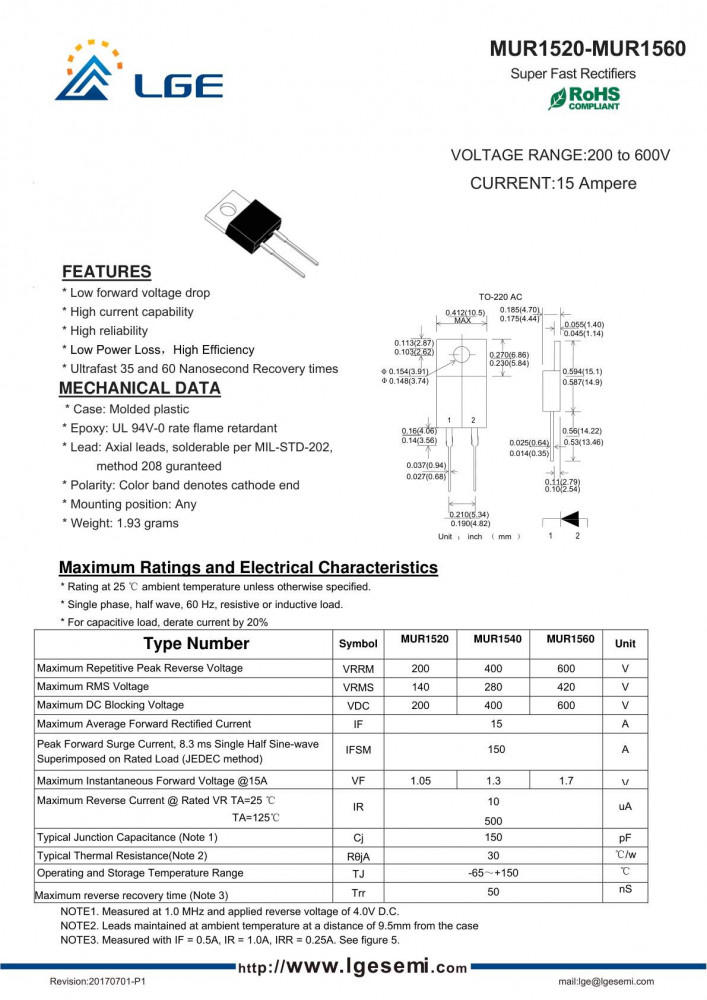 LGE MUR1520 datasheet page 1