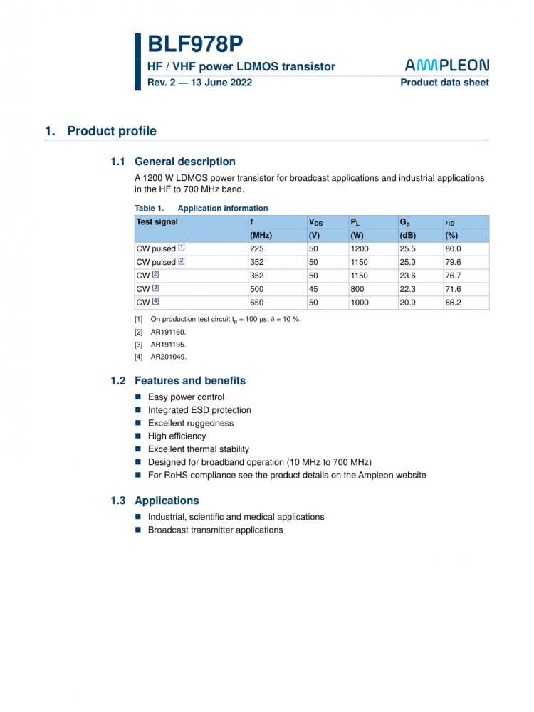 BLF978PU datasheet page 1