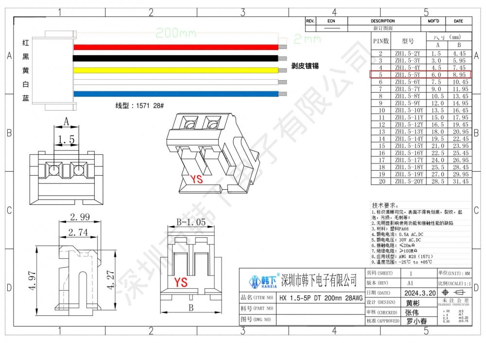 HX 1.5-5P DT 200mm 28AWG product drawing