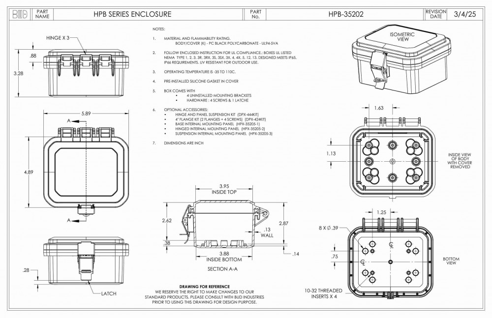 Bud Industries HPB-35202-B enclosure product drawing