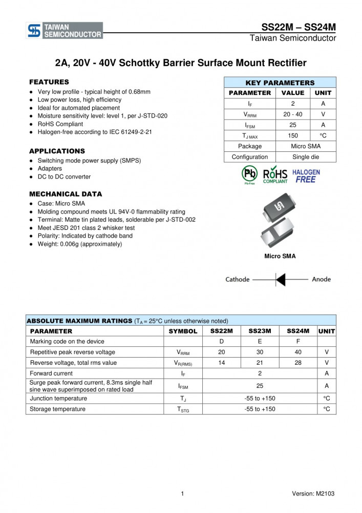Taiwan Semiconductor SS22M datasheet page 1