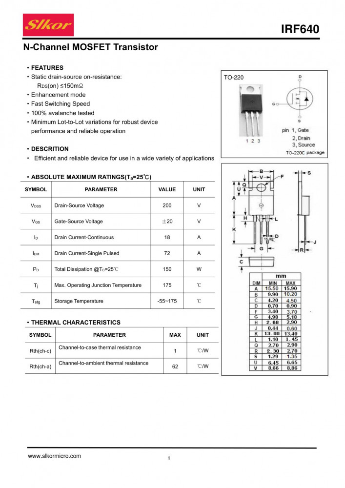 SLKOR IRF640 datasheet page 1