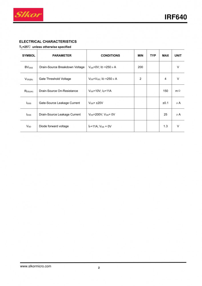 SLKOR IRF640 datasheet page 2