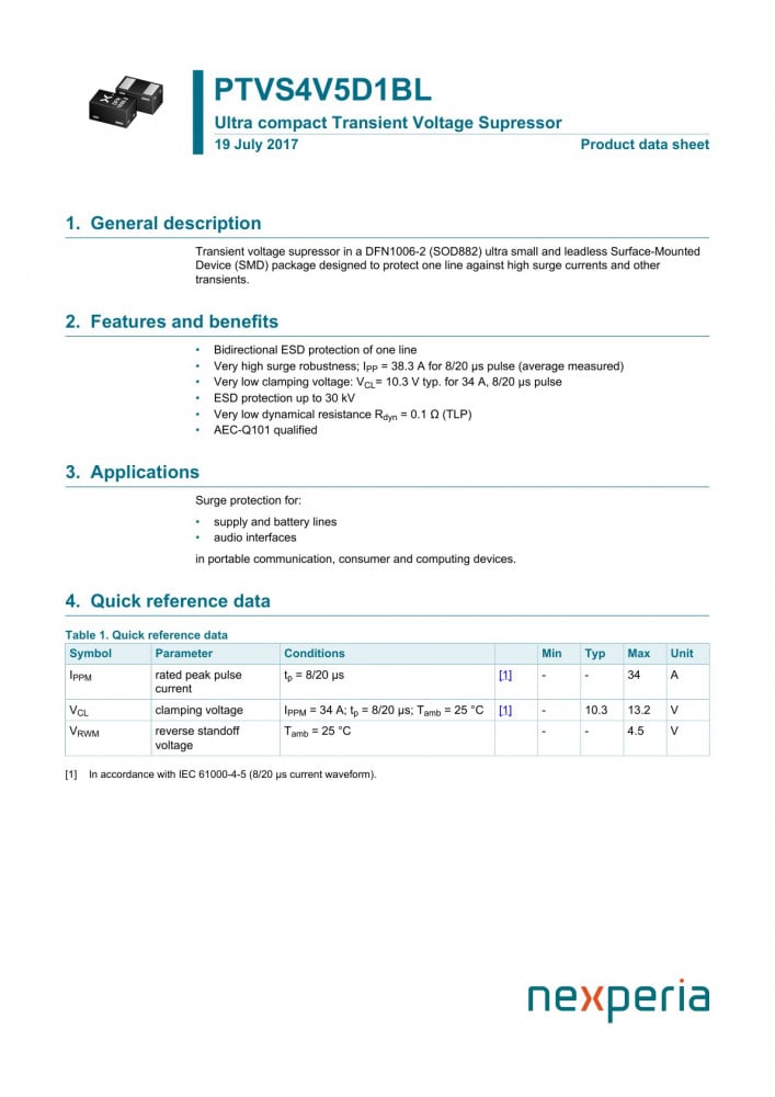 PTVS4V5D1BLYL datasheet page 1
