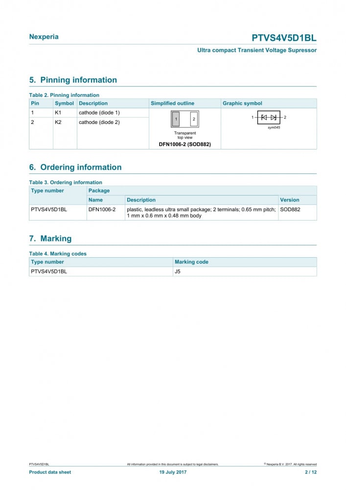 PTVS4V5D1BLYL datasheet page 2