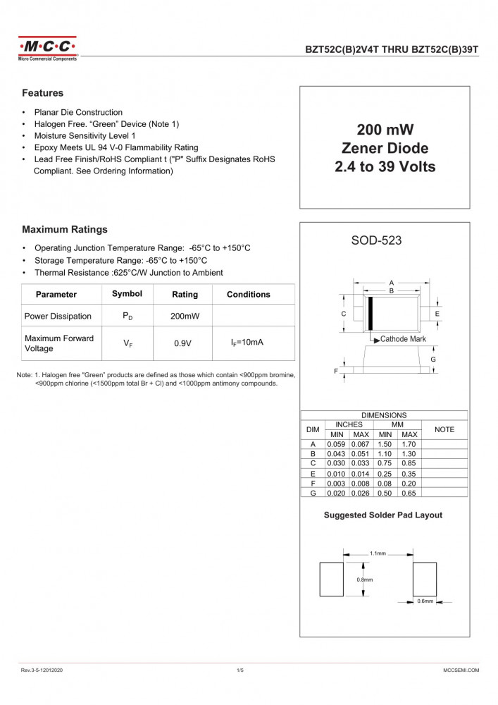 MCC BZT52C5V1T datasheet page 1