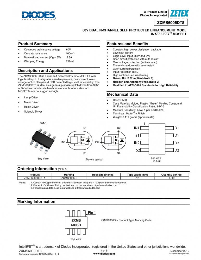 ZXMS6006DT8TA datasheet page 1