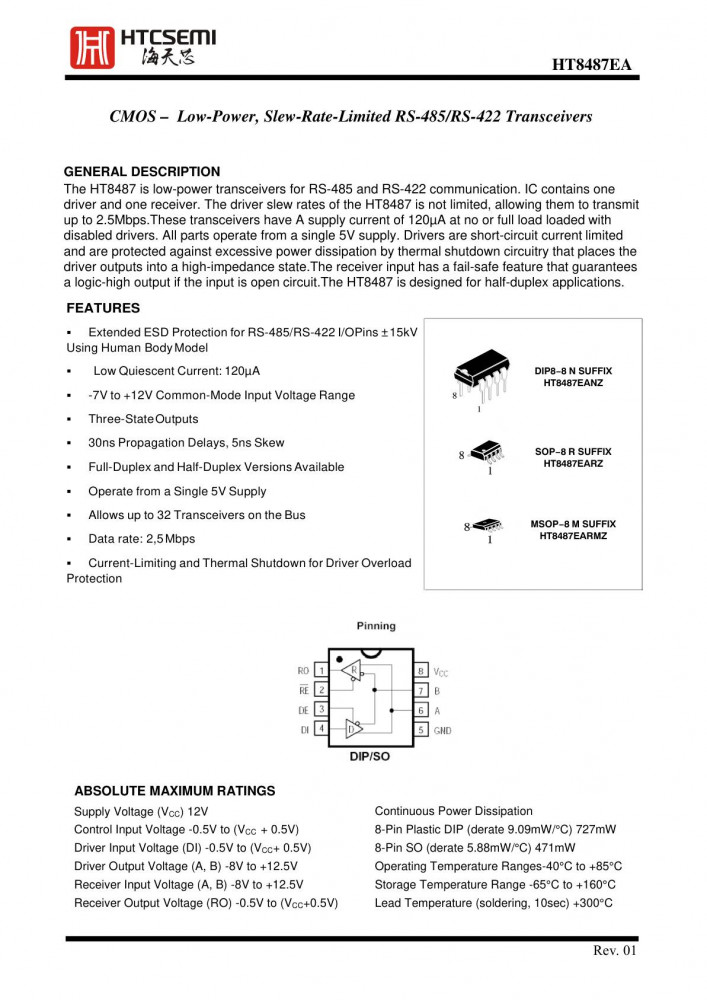 HT8487EARZ technical document page 1