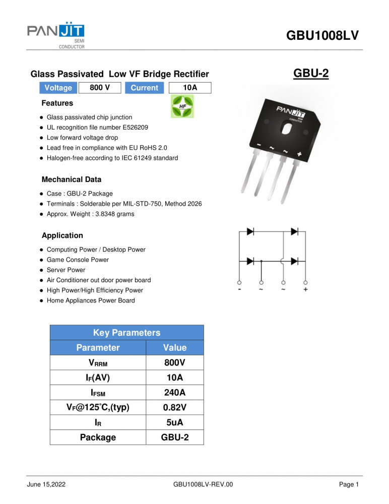 PANJIT GBU1008LV datasheet page 1