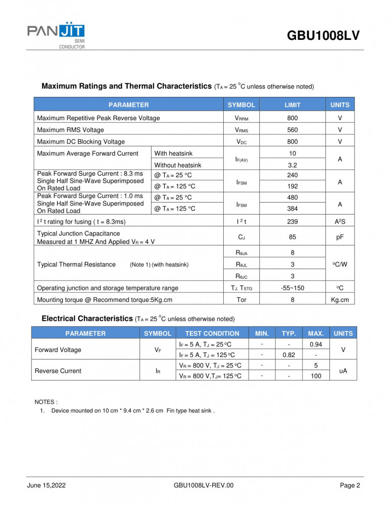 PANJIT GBU1008LV datasheet page 2