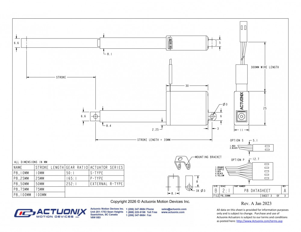 Actuonix P8 actuator product information, page 3