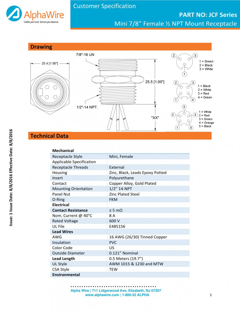 Alpha Wire 318JCF NC402 technical drawing and specifications