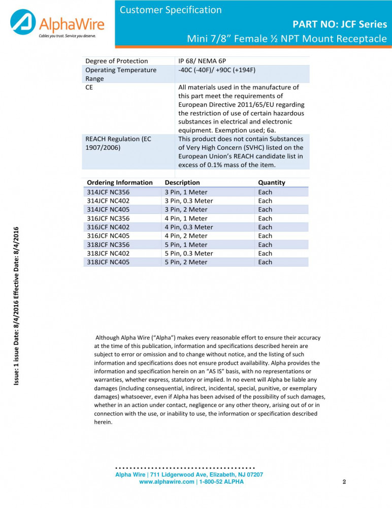 Alpha Wire 318JCF NC402 environmental and ordering information