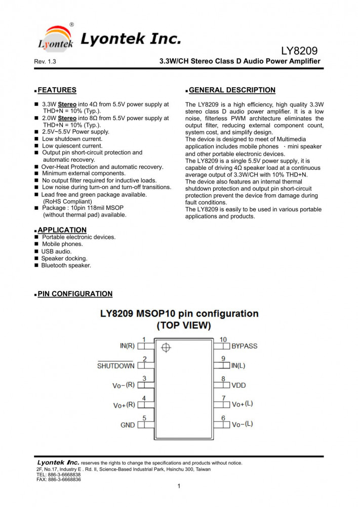 LY8209UT datasheet page 1