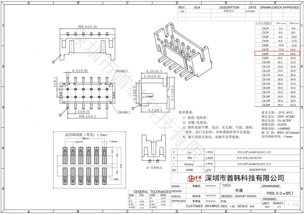 PHD2.0-2×8PLT specification page 1