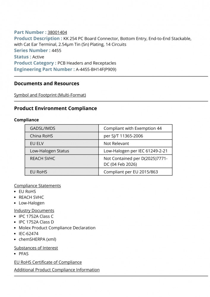 MOLEX 38001404 technical document, page 1
