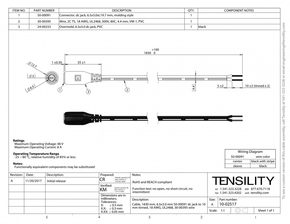 Tensility International 10-02517 cable assembly drawing
