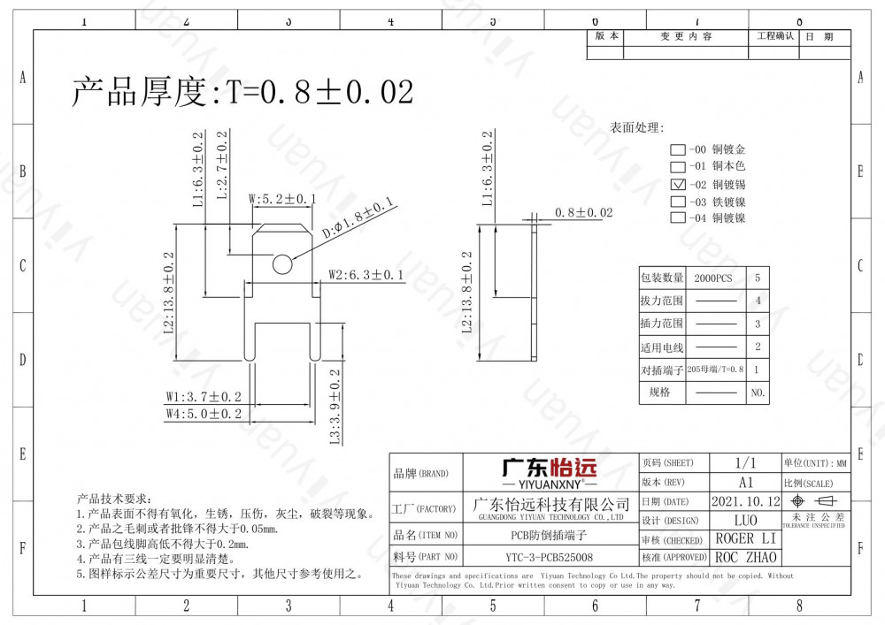 YTC-3-PCB525008 technical drawing page