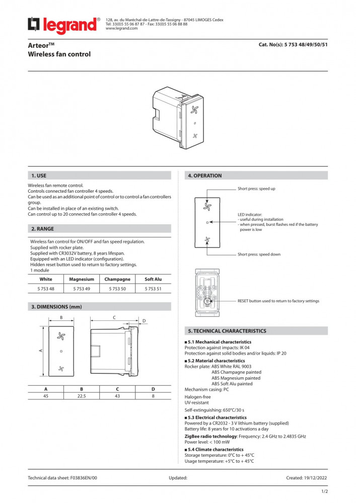 Legrand Arteor wireless fan control technical document, page 1