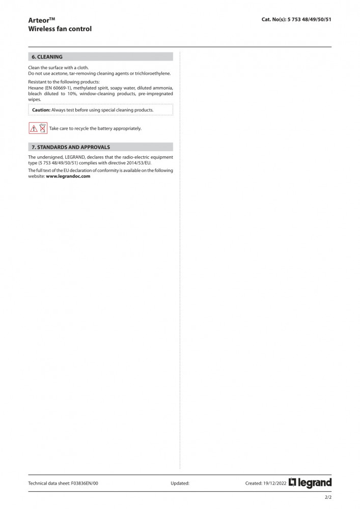 Legrand Arteor wireless fan control technical document, page 2