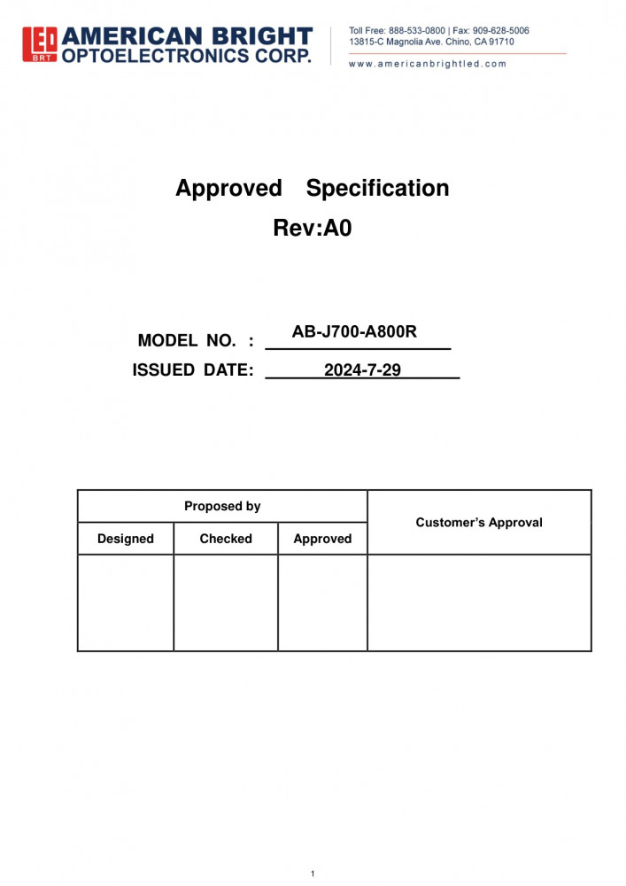 AB-J700-A800R specification document page 1