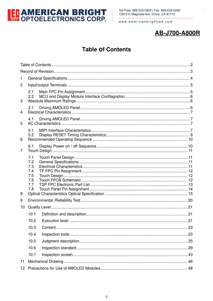 AB-J700-A800R specification document page 2