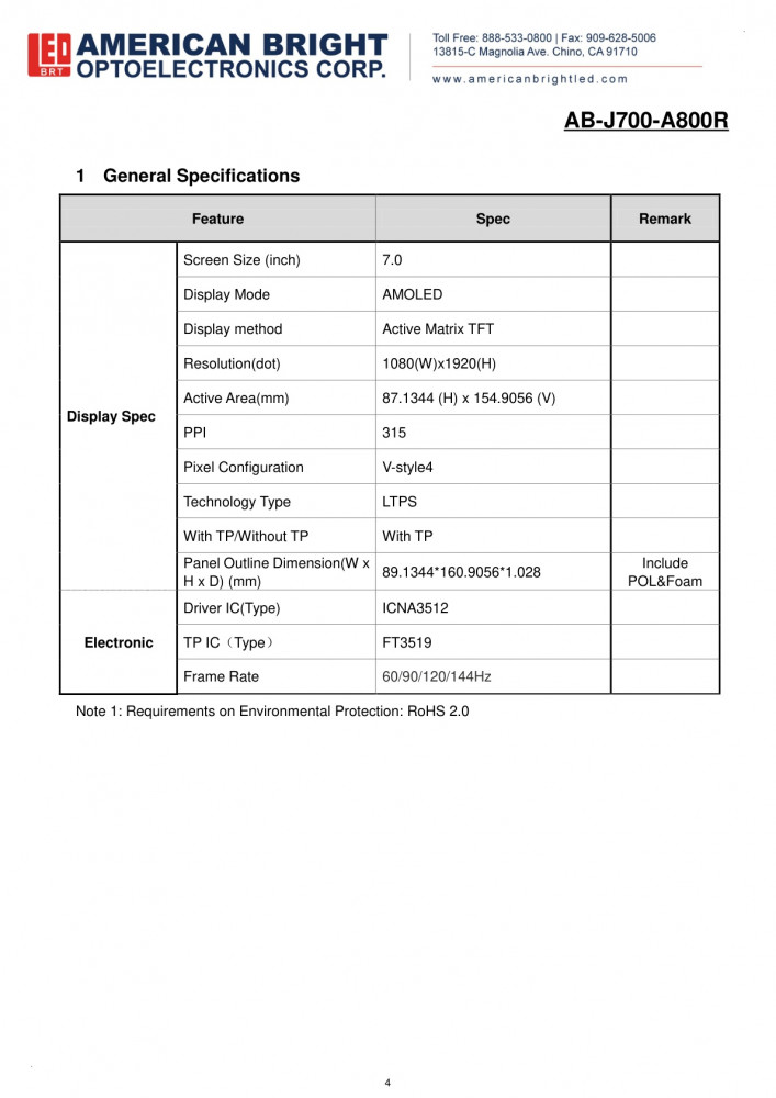 AB-J700-A800R specification document page 4