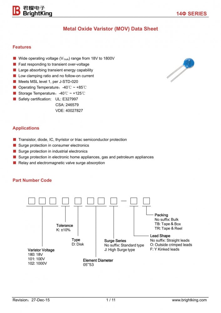 BrightKing MOV datasheet page 1