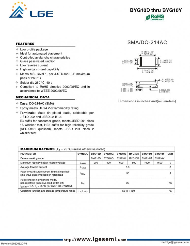 LGE BYG10J datasheet page 1