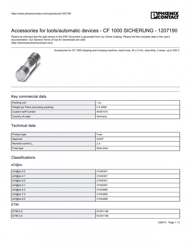 Phoenix Contact 1207190 product document page 1