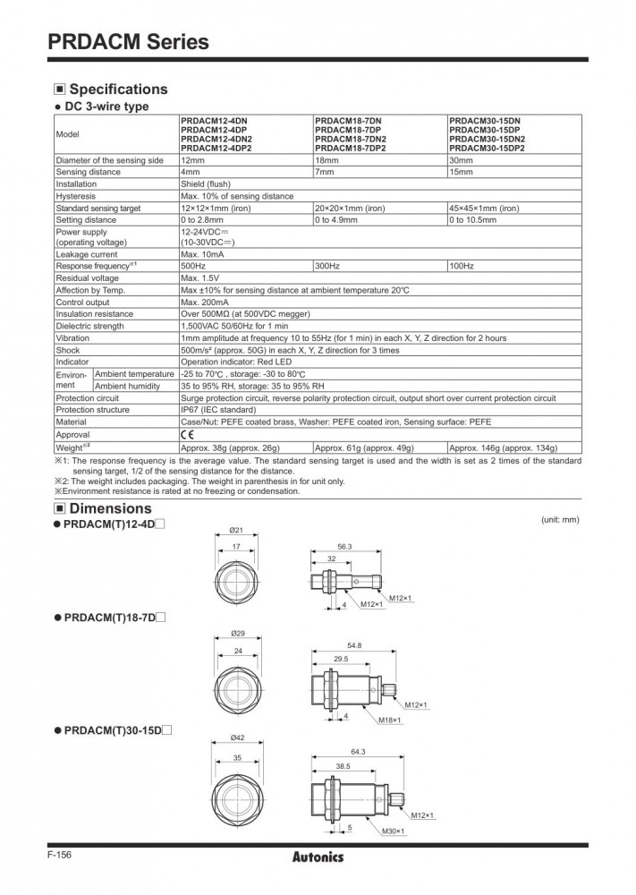 Autonics PRDACM series specifications page