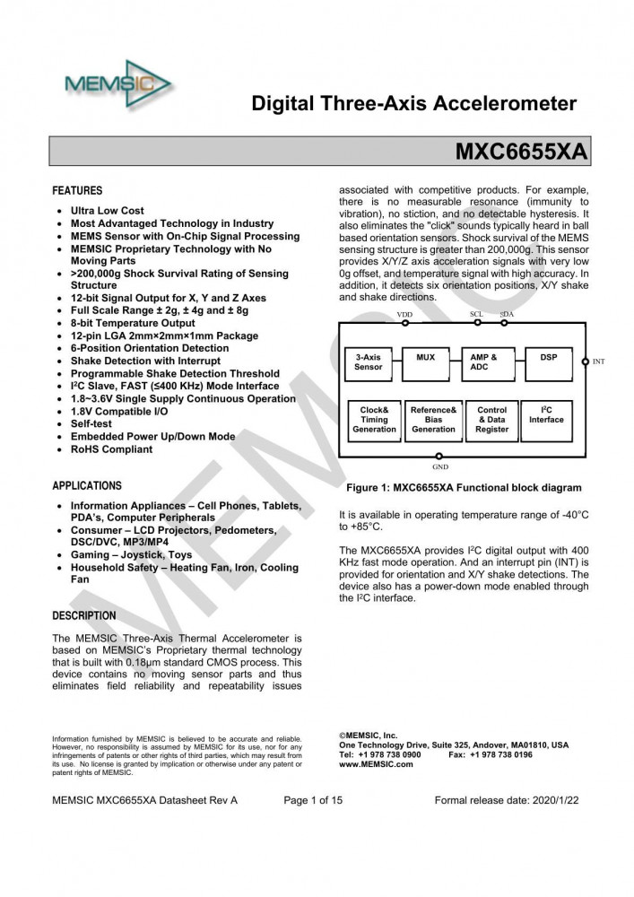 MXC6655XA datasheet page 1