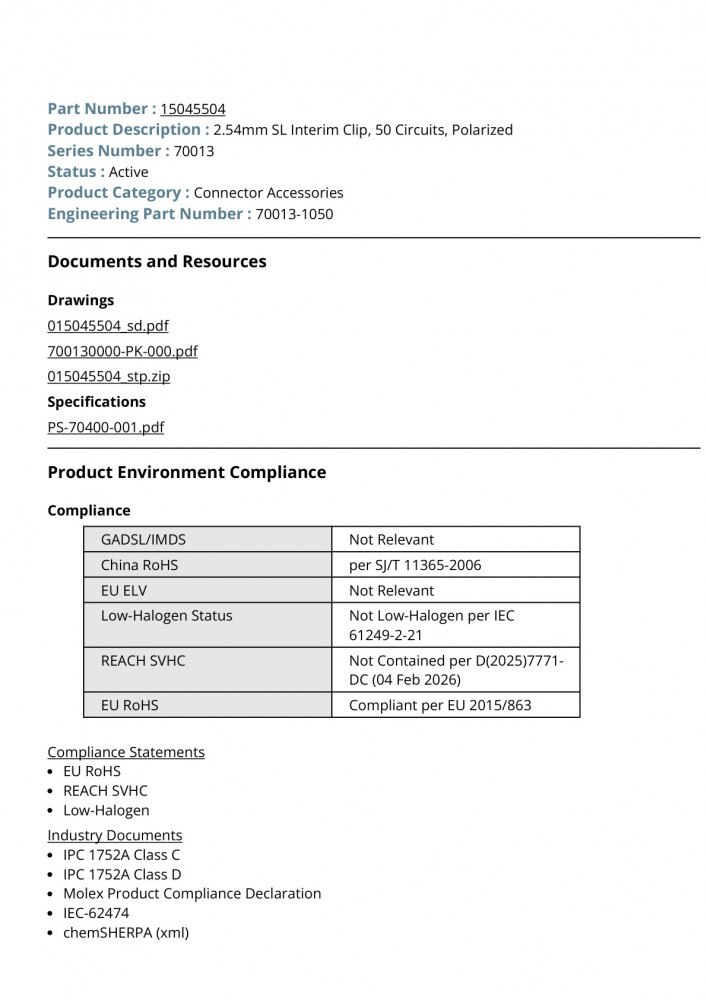 MOLEX SL connector specification document page 1