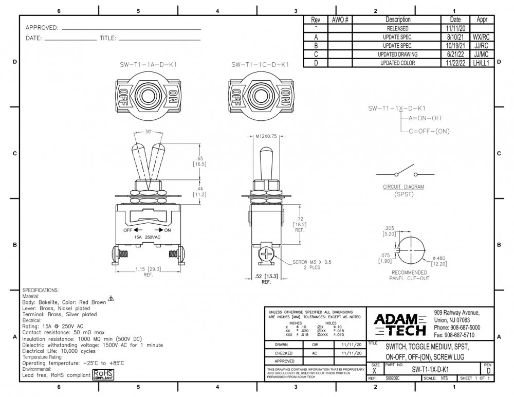 ADAM TECH SW-T1-1X-D-K1 product drawing preview