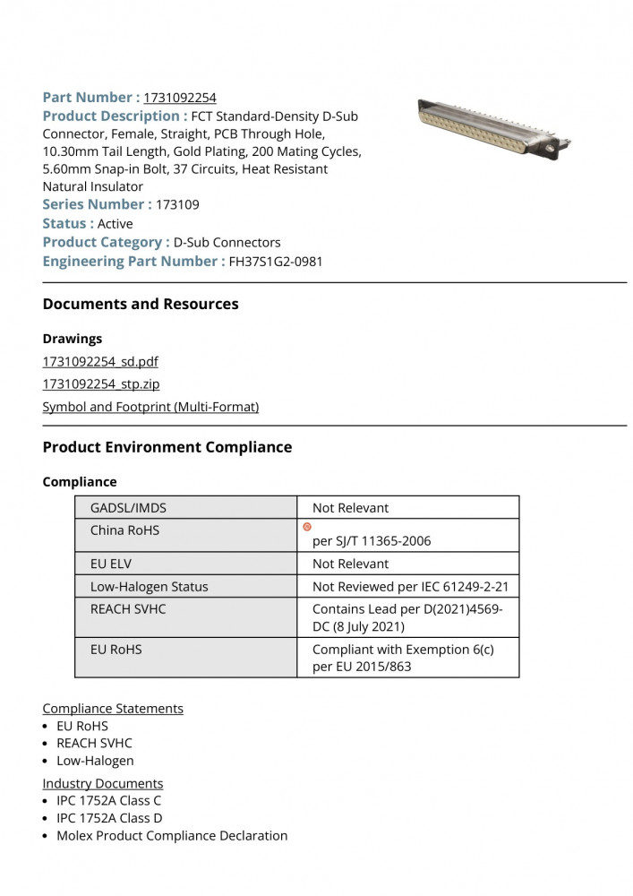 MOLEX 1731092254 technical document page 1