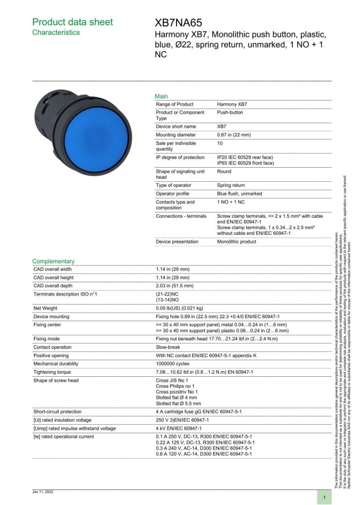 XB7NA65 technical document page 1