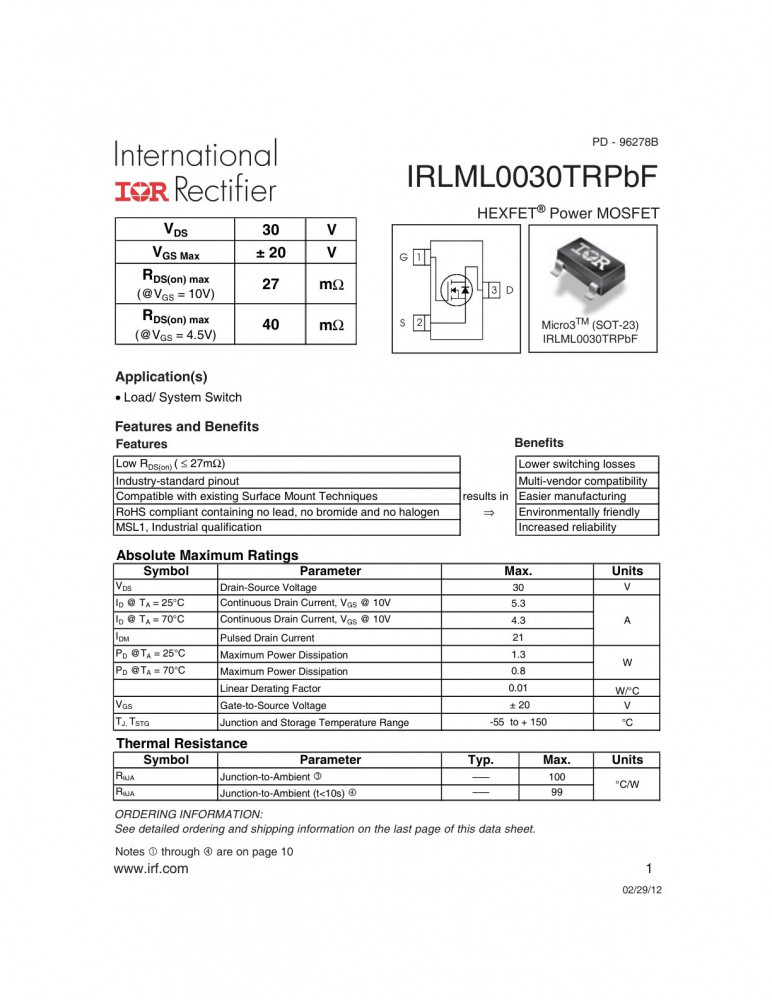 IRLML0030TRPBF datasheet page 1