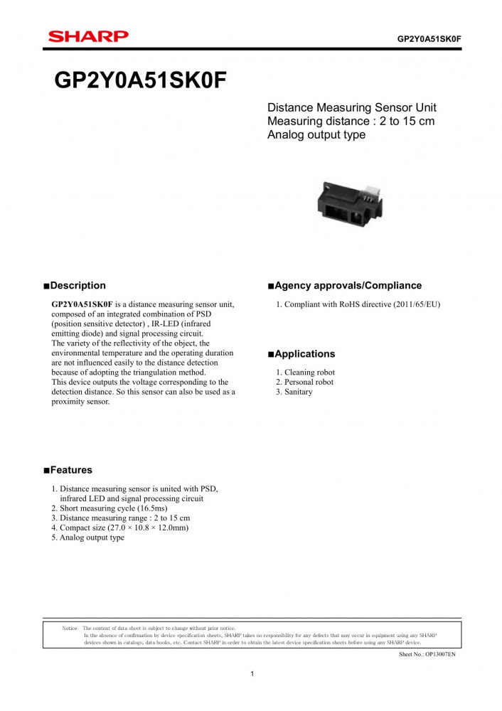 GP2Y0A51SK0F datasheet page 1
