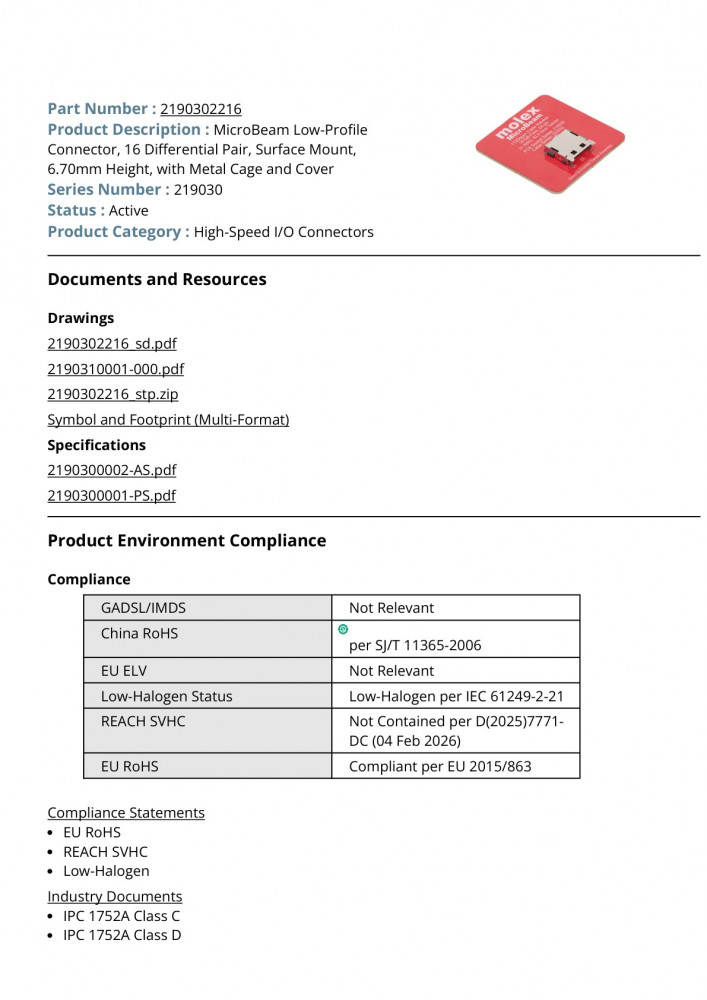 MOLEX 2190302216 technical document preview, page 1