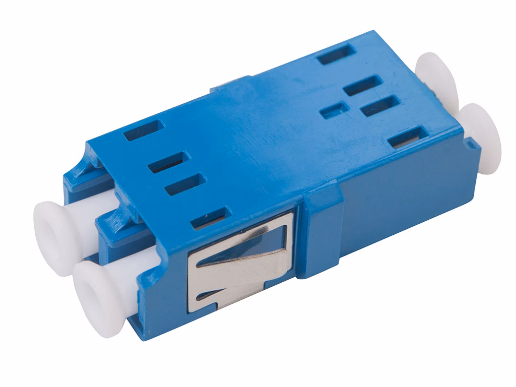 LC/UPC One Body Adapter, Quad, Multimode, Aqua Body, Ceramic Alignment Sleeve, Small Flange, Snap Mount, Plastic Clip
