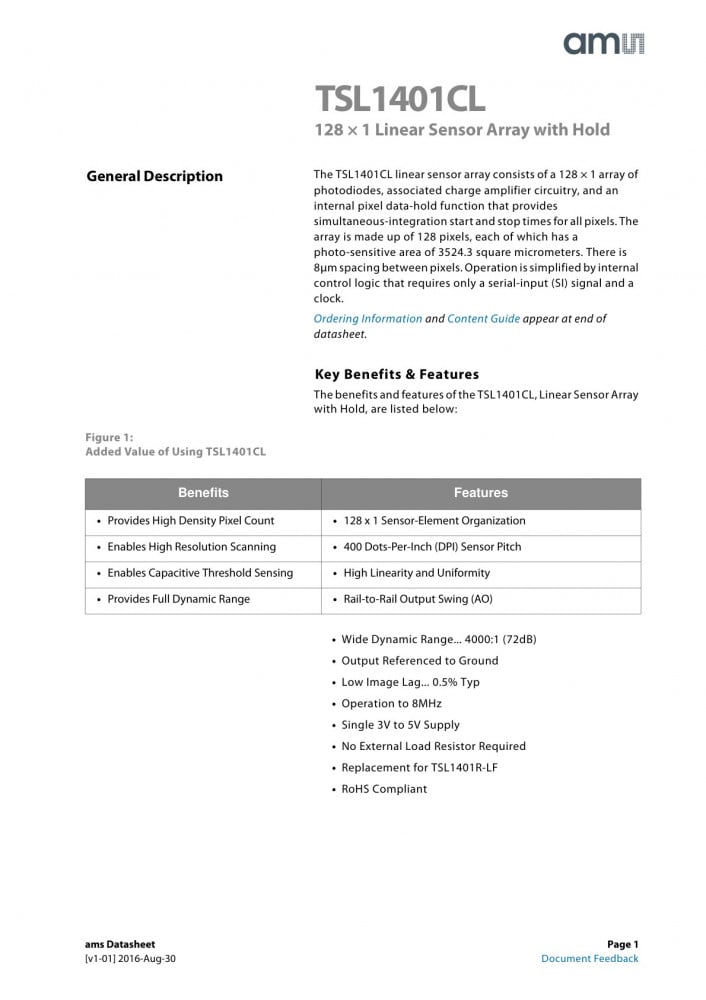 TSL1401CL datasheet page 1
