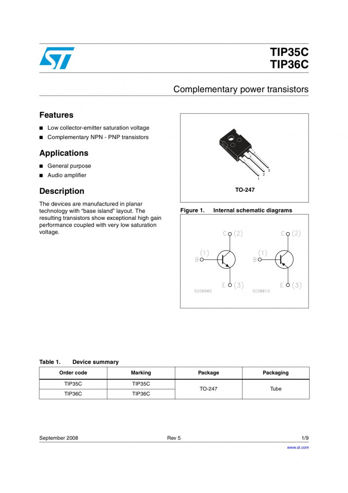 TIP35C datasheet page 1