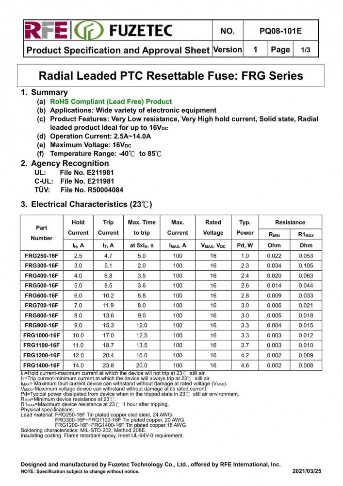 FUZETEC FRG Series specification sheet page 1