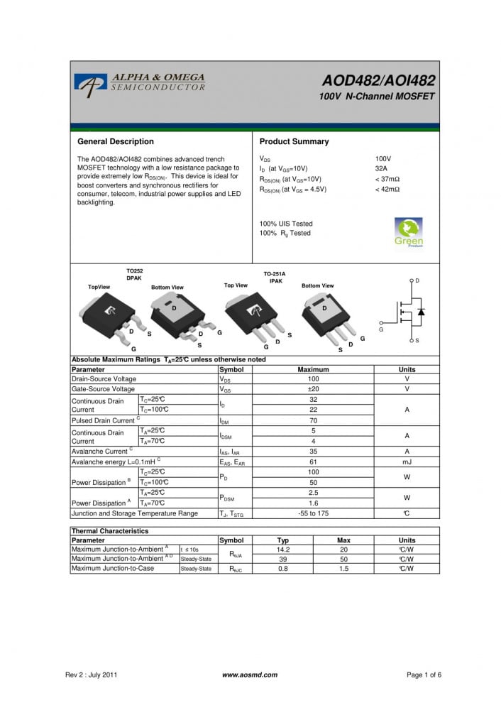 AOD482 datasheet page 1
