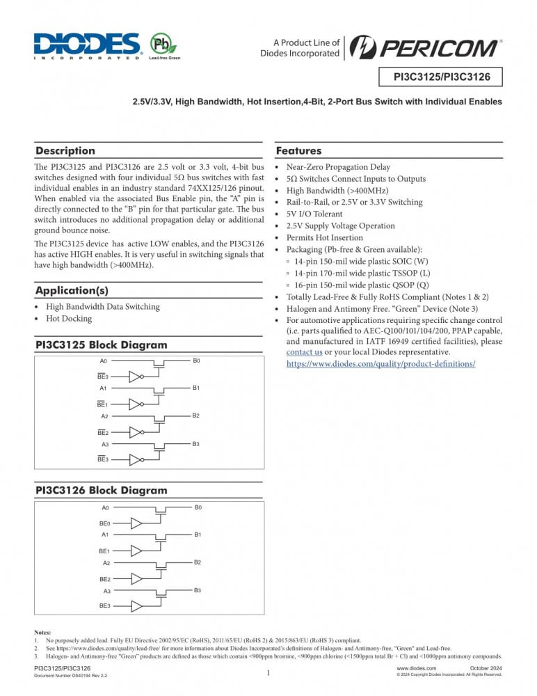 PI3C3125LEX datasheet page 1