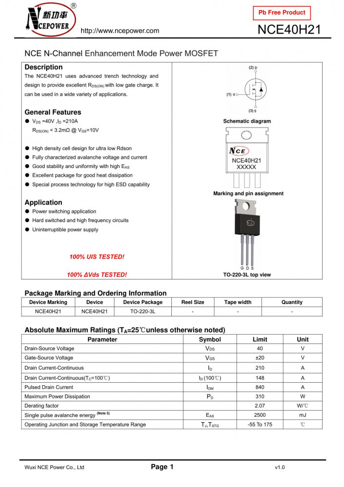 NCE40H21 datasheet page 1