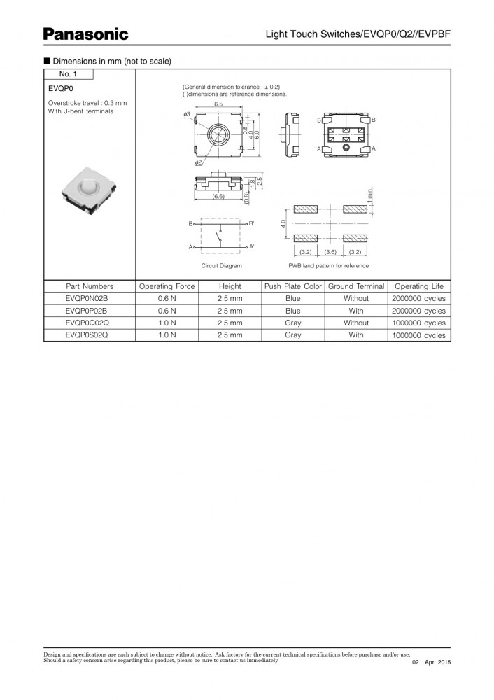Panasonic EVQQ2F03W datasheet page 2