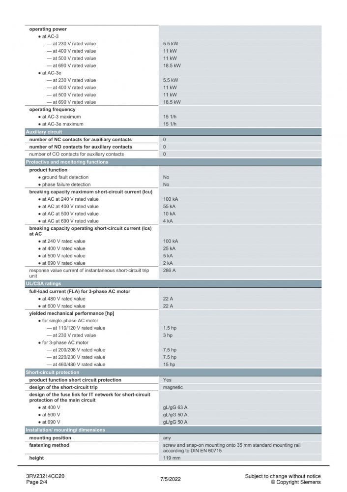 3RV23214CC20 technical document page 2