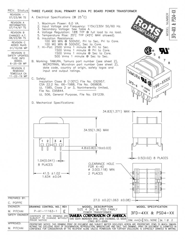 3FD-412 and PSD4-XX family specification drawing, page 1